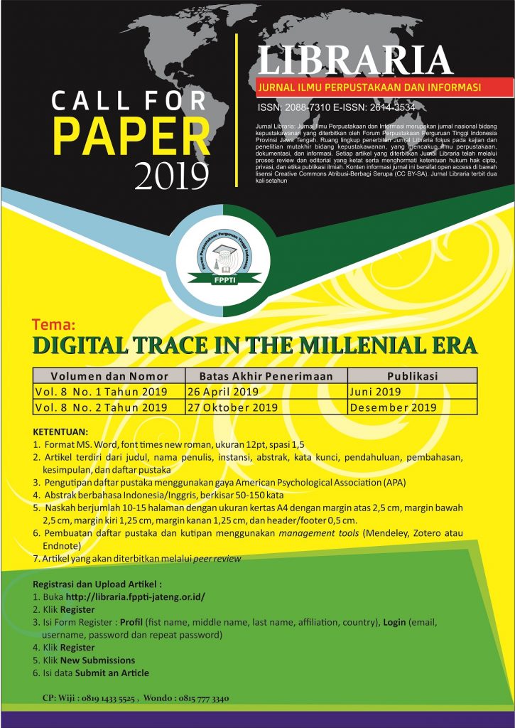 Call for Paper Jurnal Libraria FPPTI Tahun 2019 – FPPTI Jawa Tengah